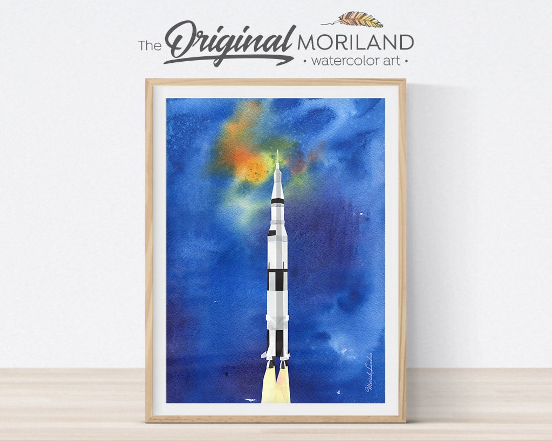 Vertical Rocket Ship Watercolor Print, Kids Room Decor (digital ...