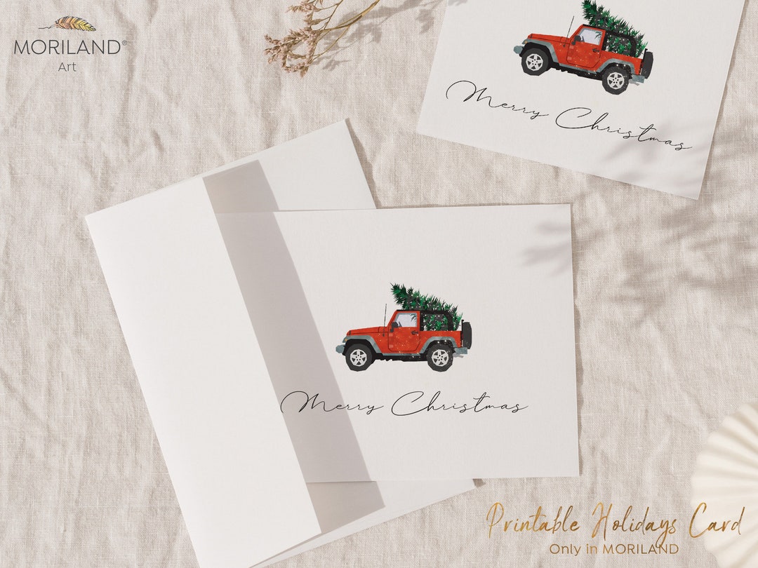 Printable Christmas Card of a Classic SUV With Christmas Tree by ...