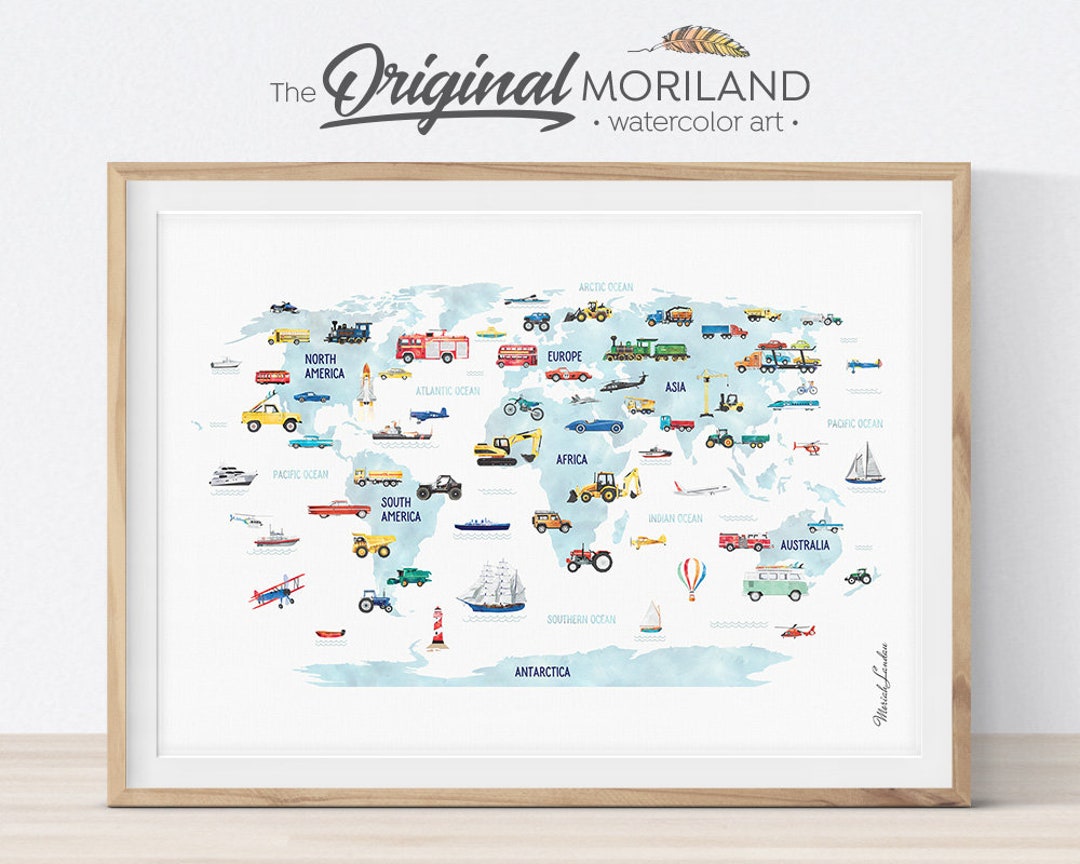 World Map Print, Transportation Decor, Horizontal, Educational Poster ...