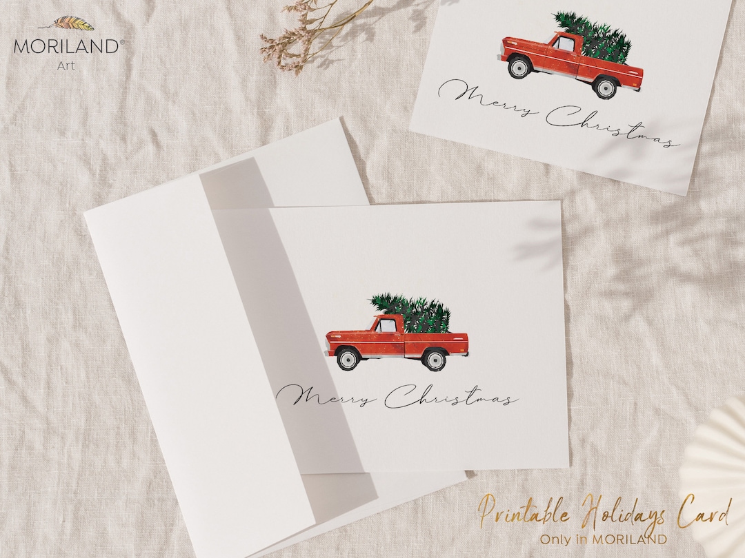 Printable Christmas Card of a Classic Pickup Truck With Christmas Tree ...