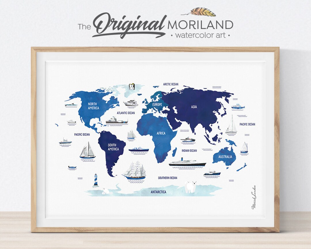 Navy Nautical World Map Print, Educational Poster, World Map Wall Art ...