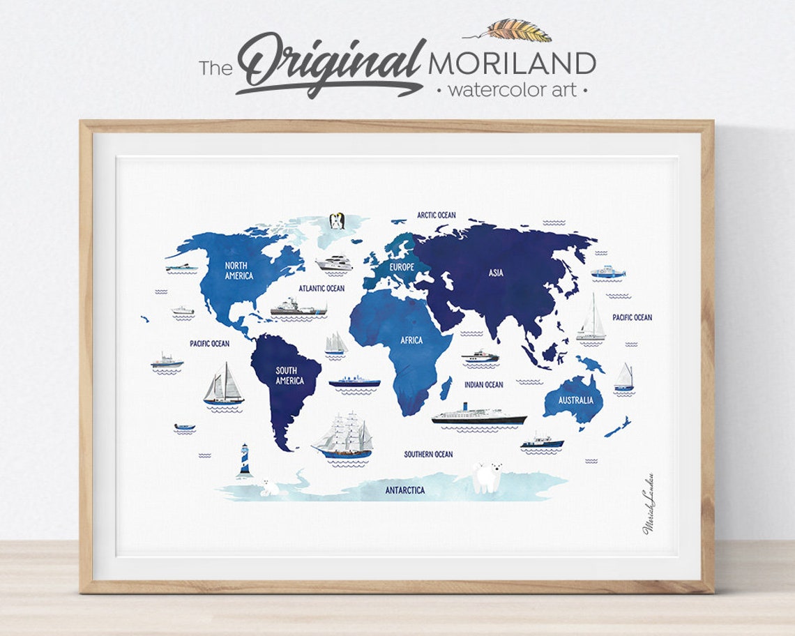 Navy Nautical World Map Print, Educational Poster, World Map Wall Art ...