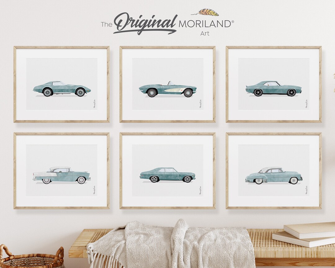 Pale Blue Classic Cars Art Prints - Printable Set of 6, Car Poster, Boy ...