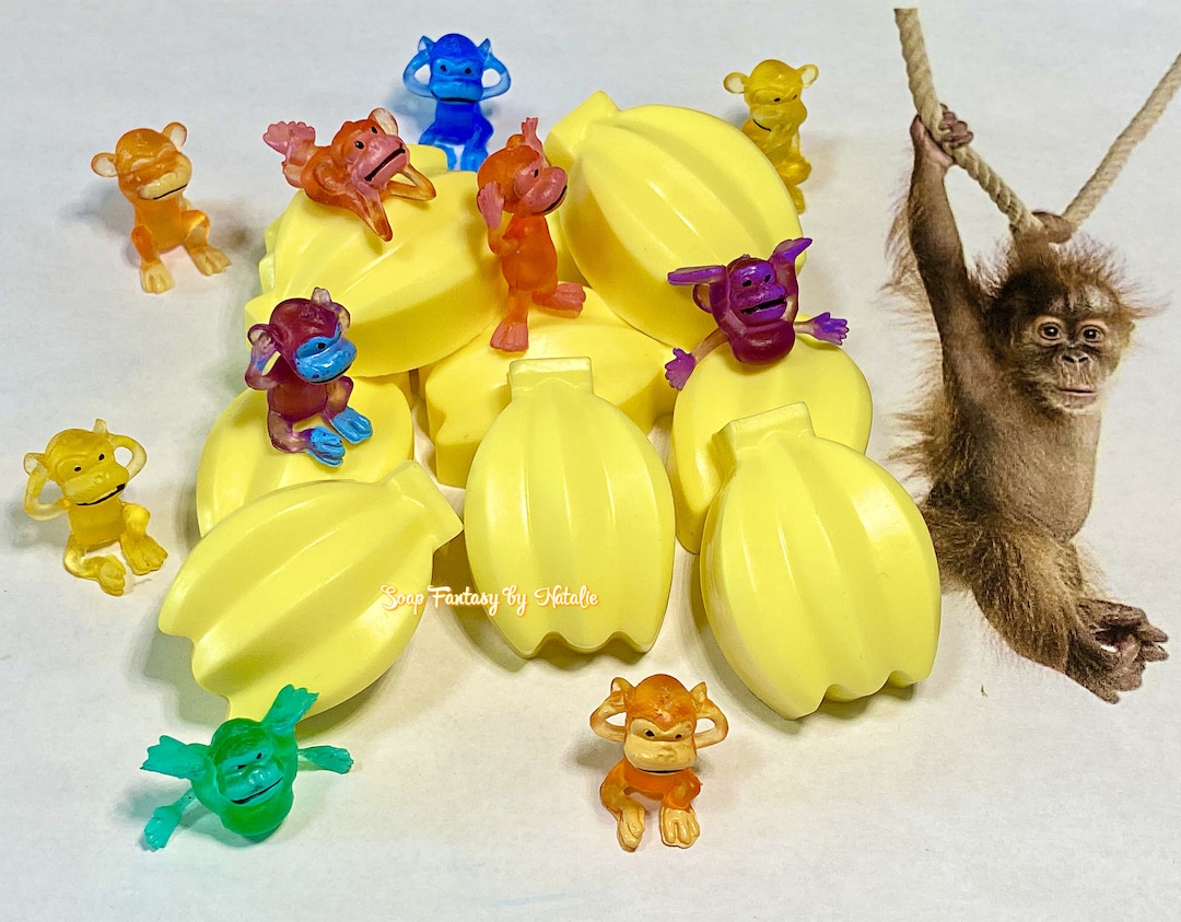 Set of 8-10 Mini Banana Soaps & 8-10 Tiny Funny Plastic Monkey Figures ...