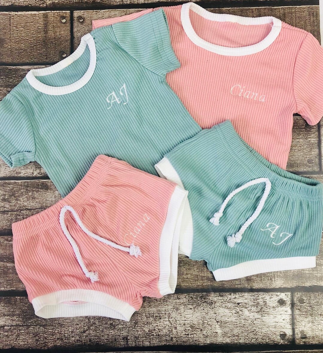 Embroidered Ribbed Short and Tee Set - Etsy