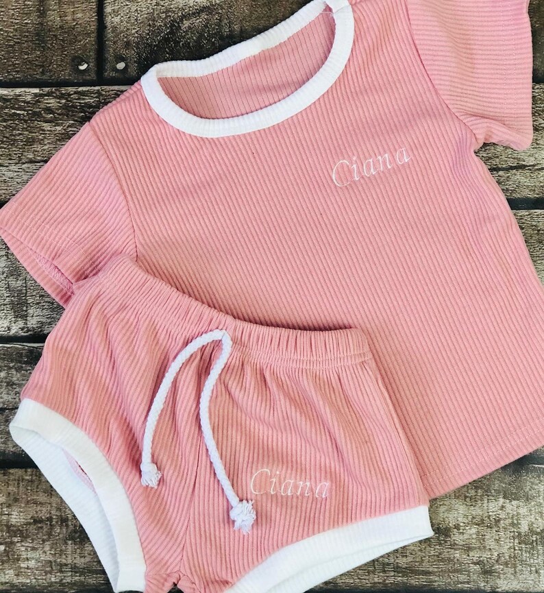 Embroidered Ribbed Short and Tee Set - Etsy