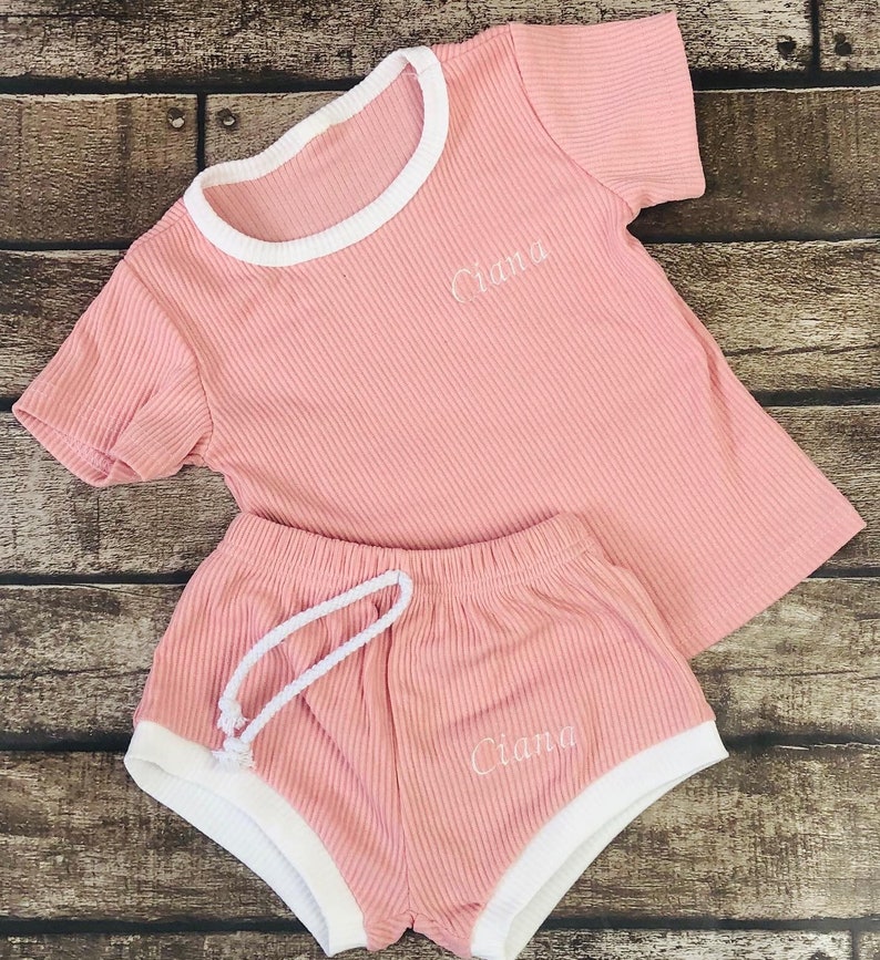 Embroidered Ribbed Short and Tee Set - Etsy