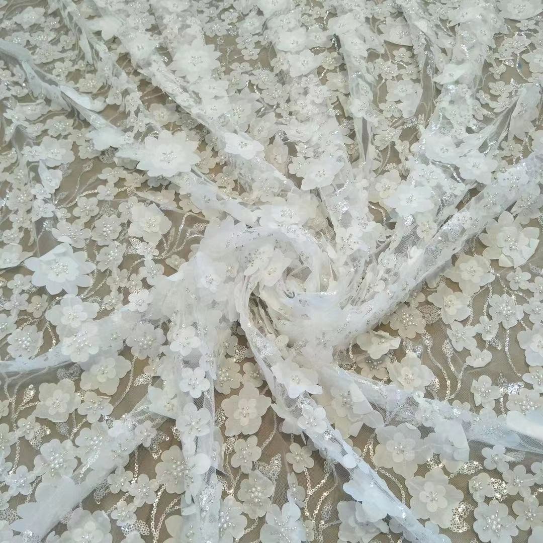 3D Embroidery Flower Lace Fabric, Ivory Sequin Beaded Pearl Lace ...