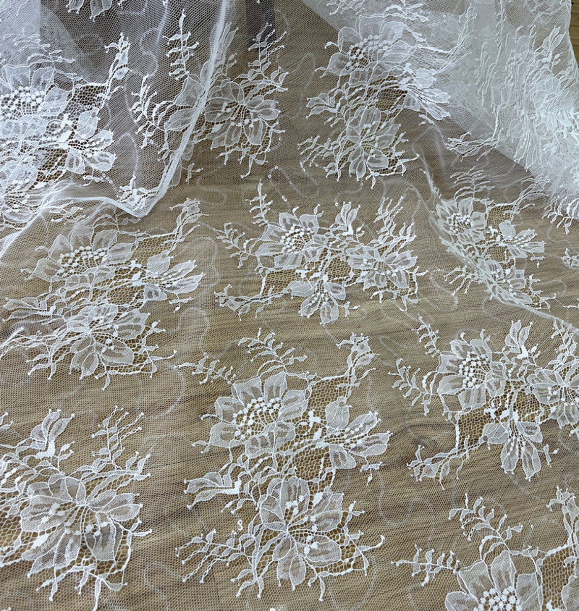 French Lace Chantilly Lace Fabric With Clear Sequin, Floral Flower ...