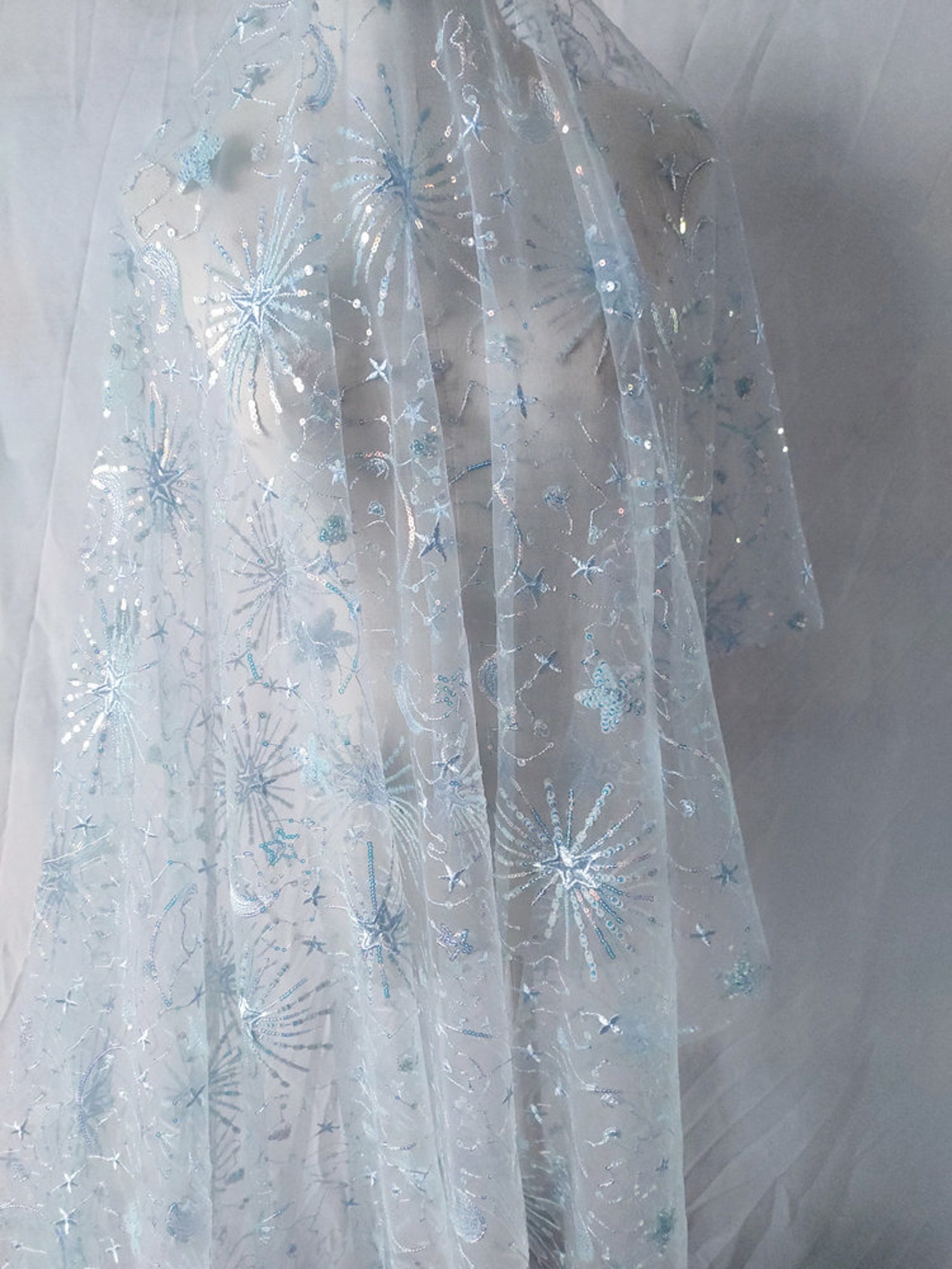 Star Celestial Embroidery Fabric, Soft Light Blue Tulle, Bridal Prom ...