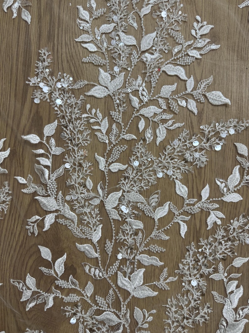 White Sequin Beaded Floral Leave Embroidery Lace Fabric, Luxury Lace ...