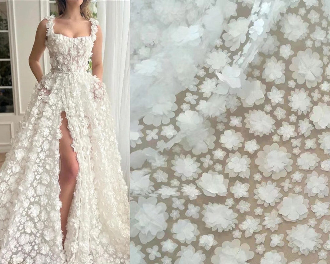 3D White Ivory Bridal Lace Fabric, Floral Flower Lace Veil Material ...