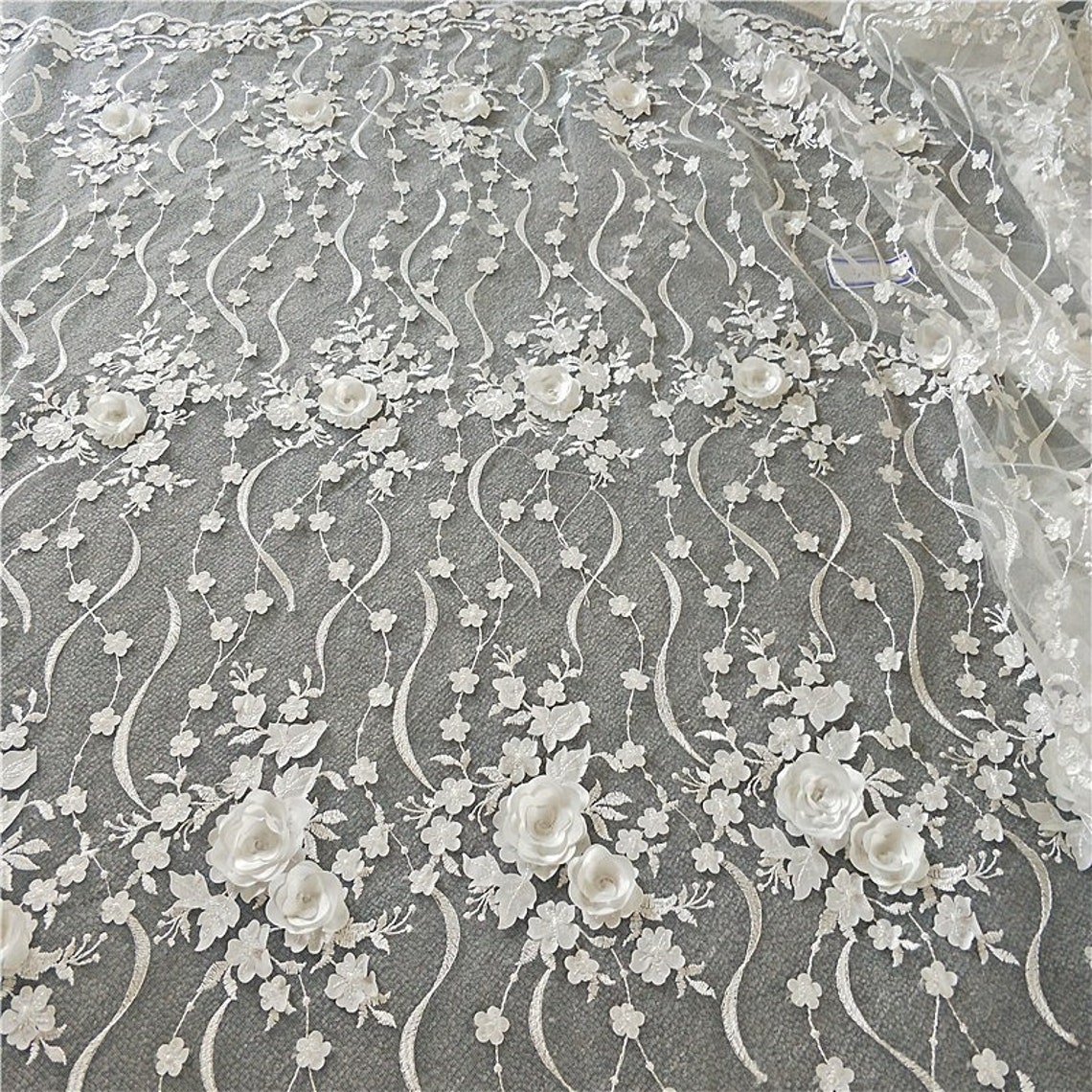 3D Embroidery Flower Lace Fabric, Bridal Ivory White Wedding Dress Lace ...