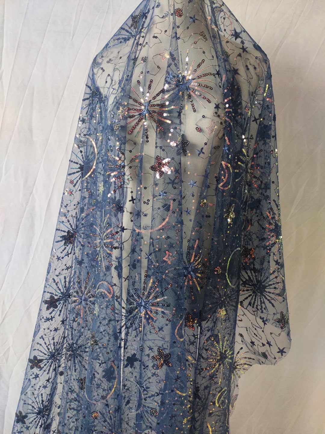 White Star Celestial Embroidery Fabric, Soft Blue Tulle, Bridal Prom ...