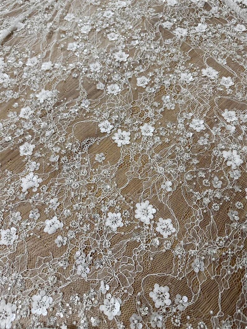 Soft White French Chantilly Flower Sequin Beading Lace Fabric, Bridal ...