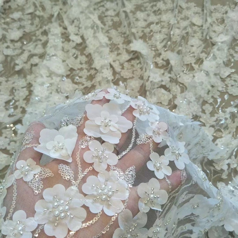 3D Embroidery Flower Lace Fabric, Ivory Sequin Beaded Pearl Lace ...