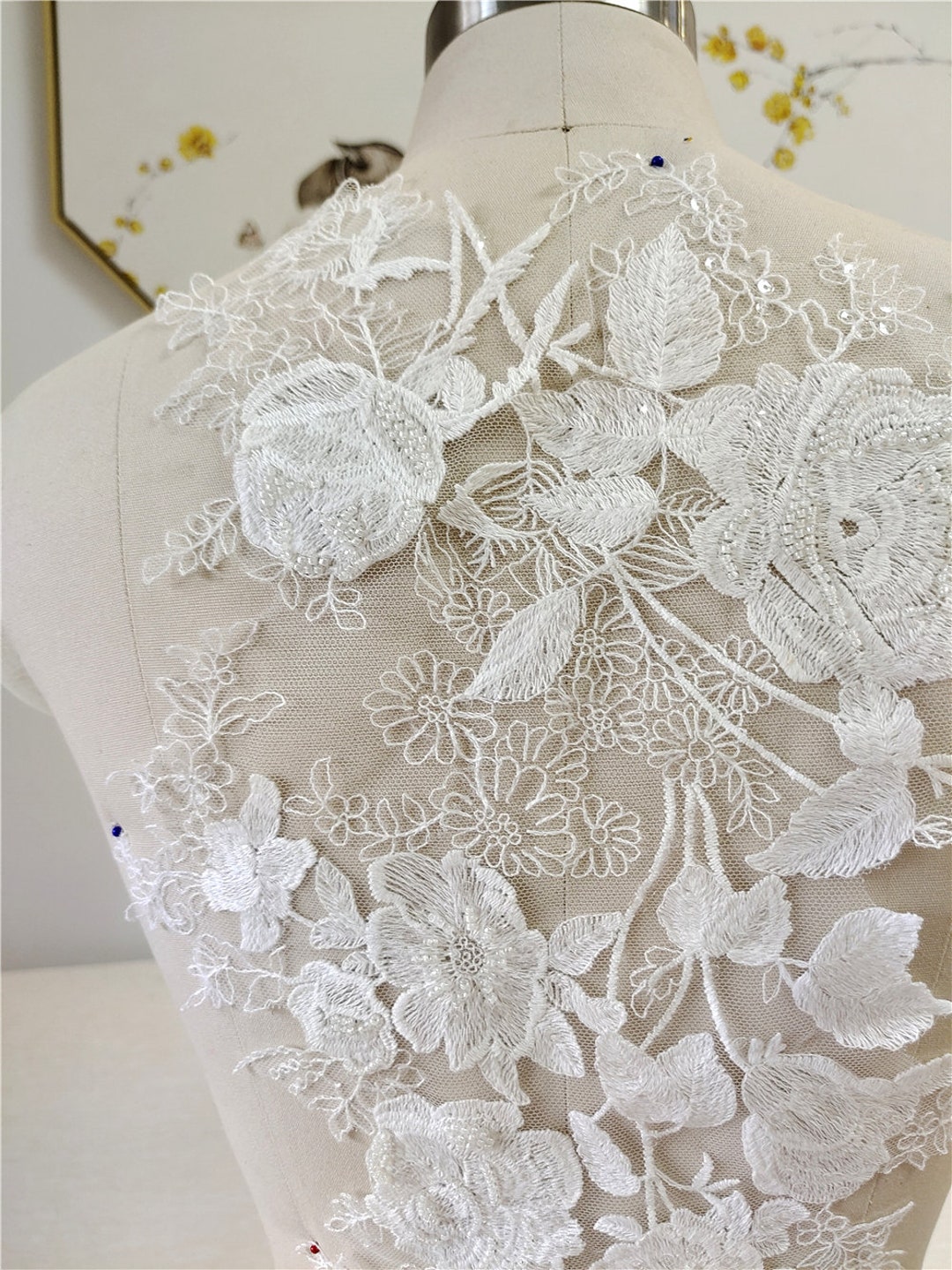 White 3D Embroidery Leaves Flower Lace Fabric, Beaded Sequin Applique ...
