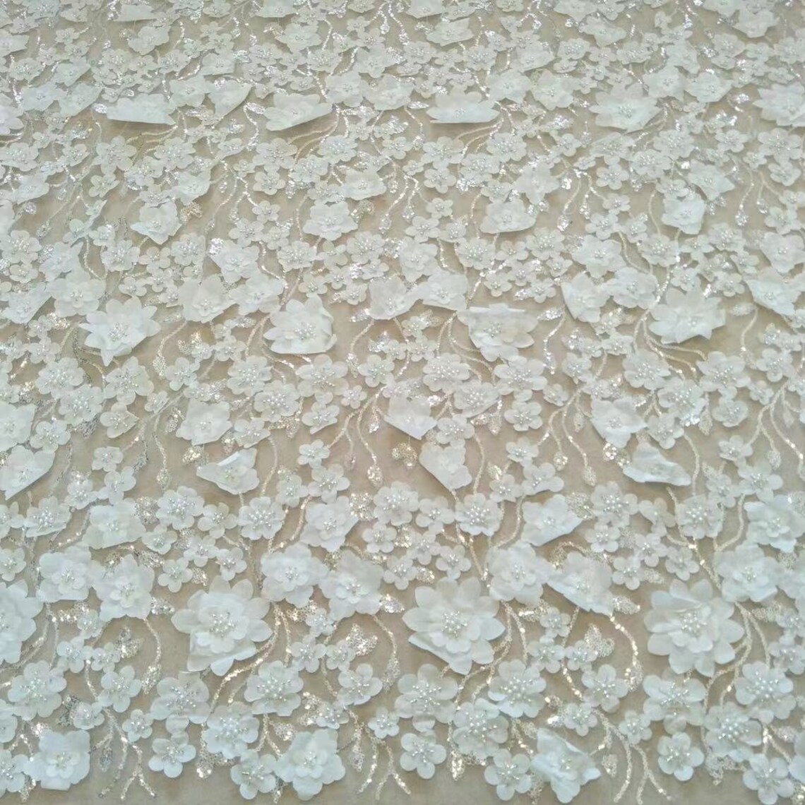 3D Embroidery Flower Lace Fabric, Ivory Sequin Beaded Pearl Lace ...
