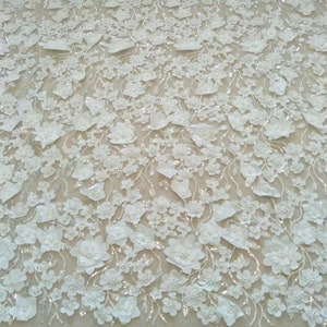 3D Embroidery Flower Lace Fabric, Ivory Sequin Beaded Pearl Lace ...