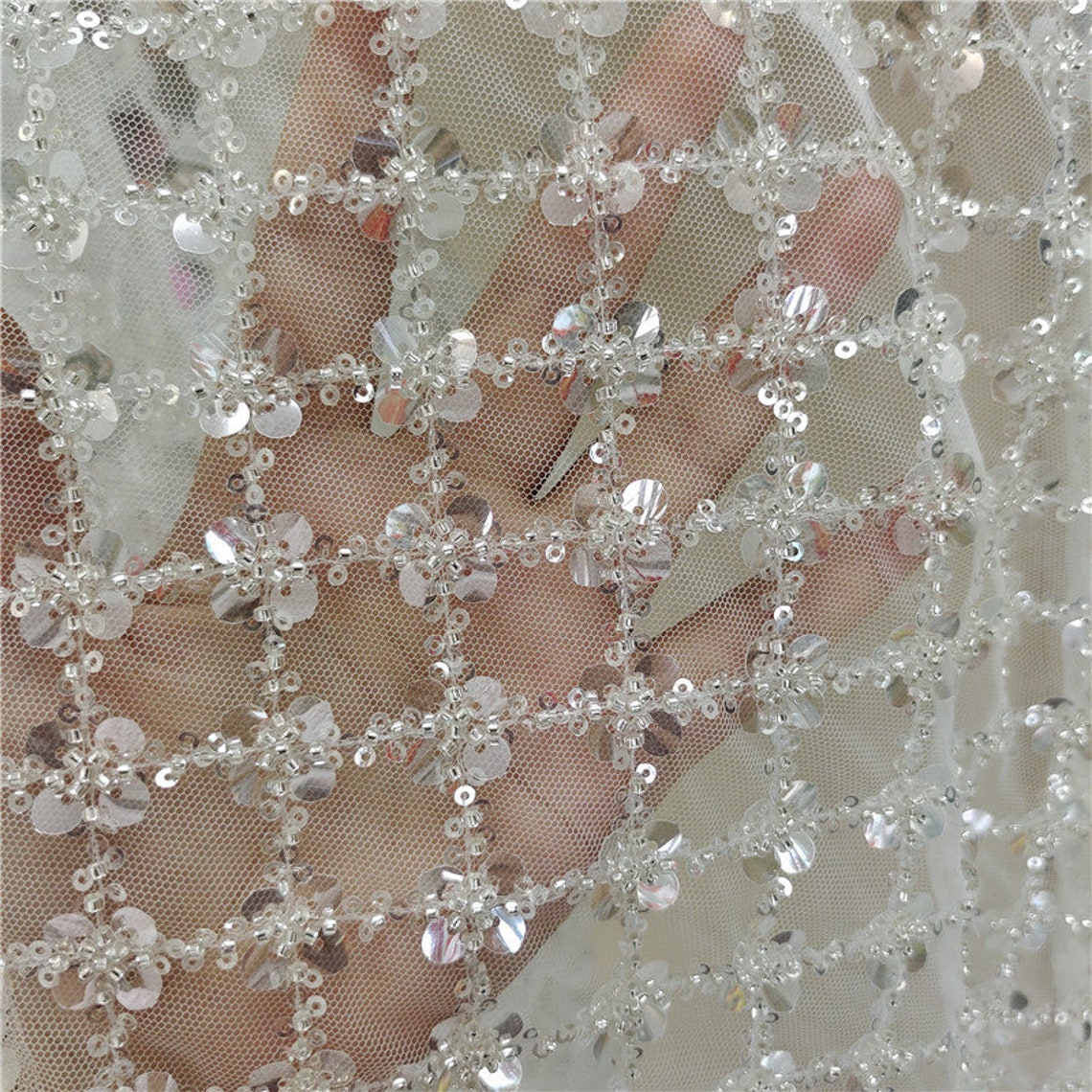 Sequin Beaded Lace Fabric, Heavy Beading Lace Material, Ivory White ...