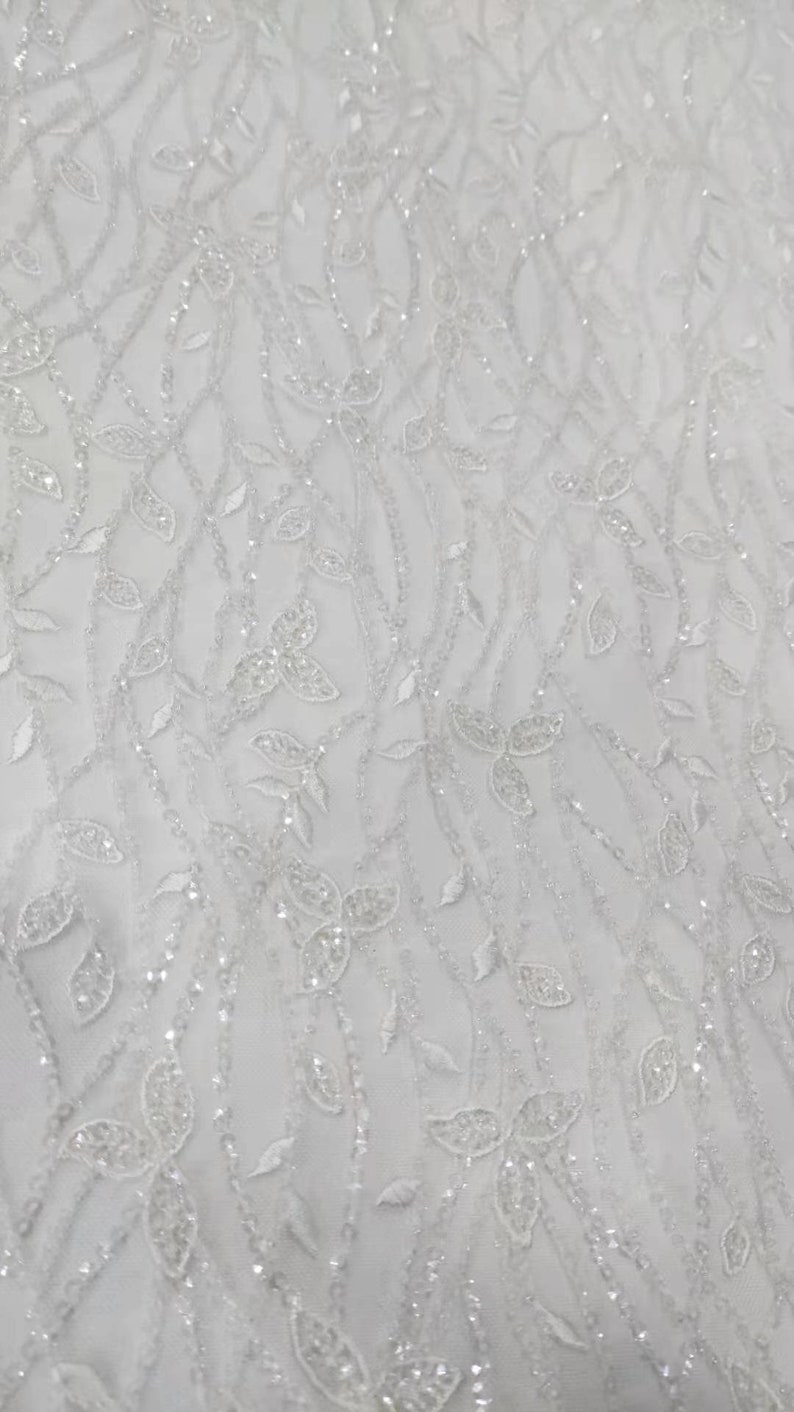 Ivory Flower Lace Fabric by the Yard With Beaded Sequin, Bridal Leaves ...