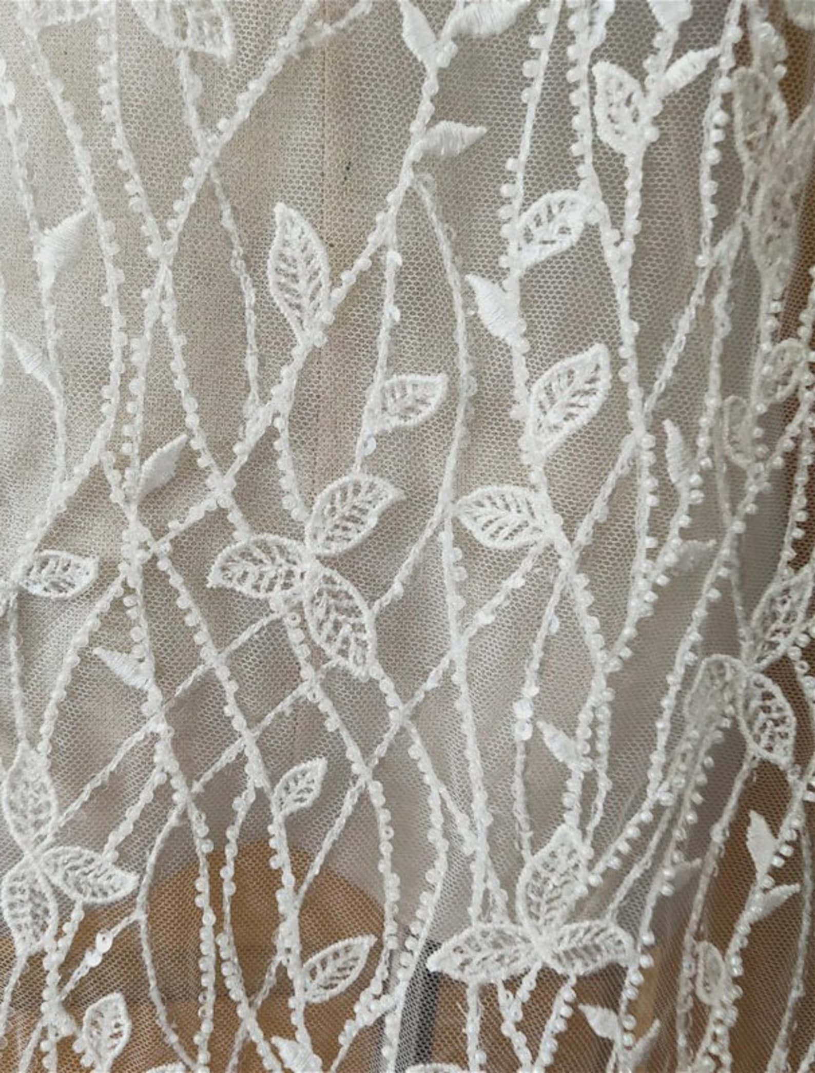 Ivory Flower Lace Fabric by the Yard With Beaded Sequin, Bridal Leaves ...