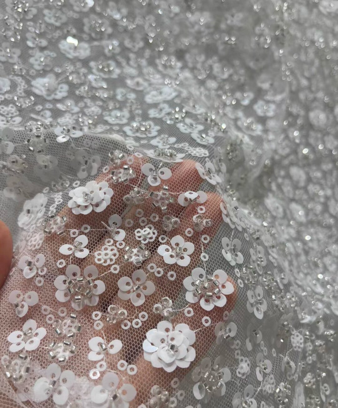 3D White Sequin Beaded Petal Flower Lace Fabric, Gold Red Chanpagne ...