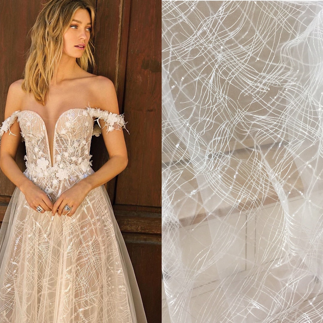Sequin Stripe Lace Fabric, White Ivory Prom Wedding Dress Embroidery ...