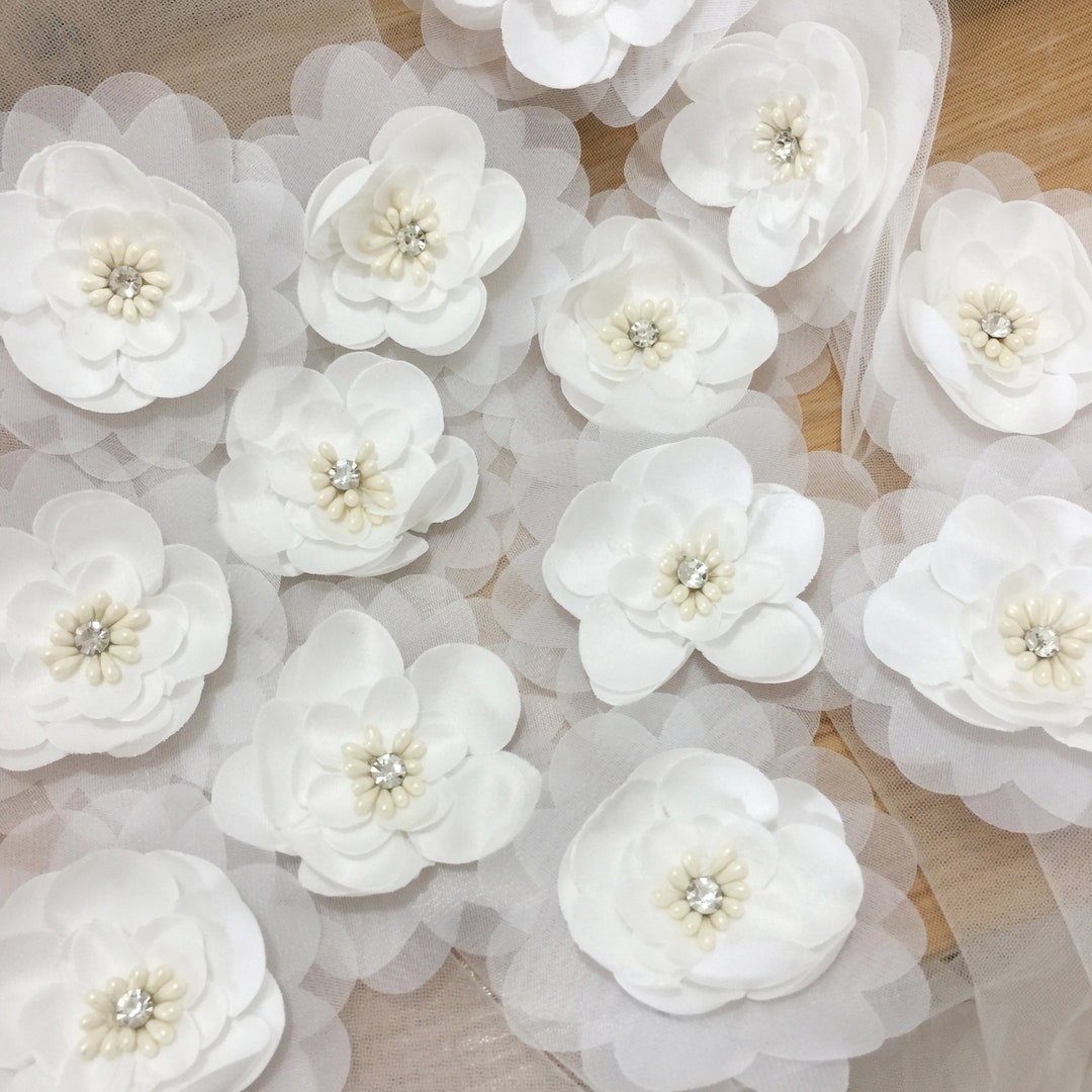 White Satin Chiffon Fabric Flower for Embellishment, 3D DIY Floral ...