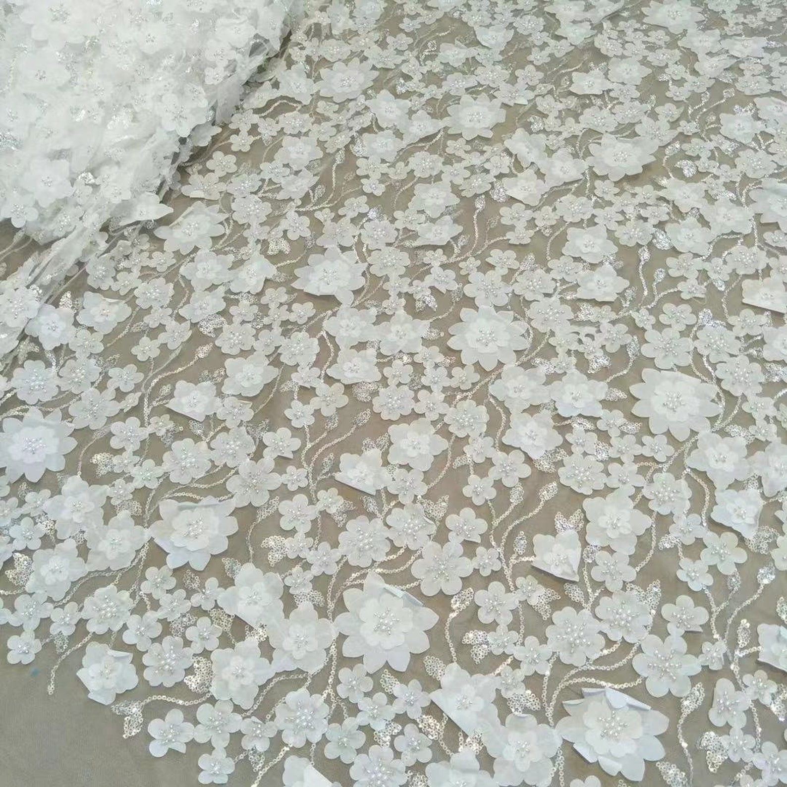 3D Embroidery Flower Lace Fabric, Ivory Sequin Beaded Pearl Lace ...