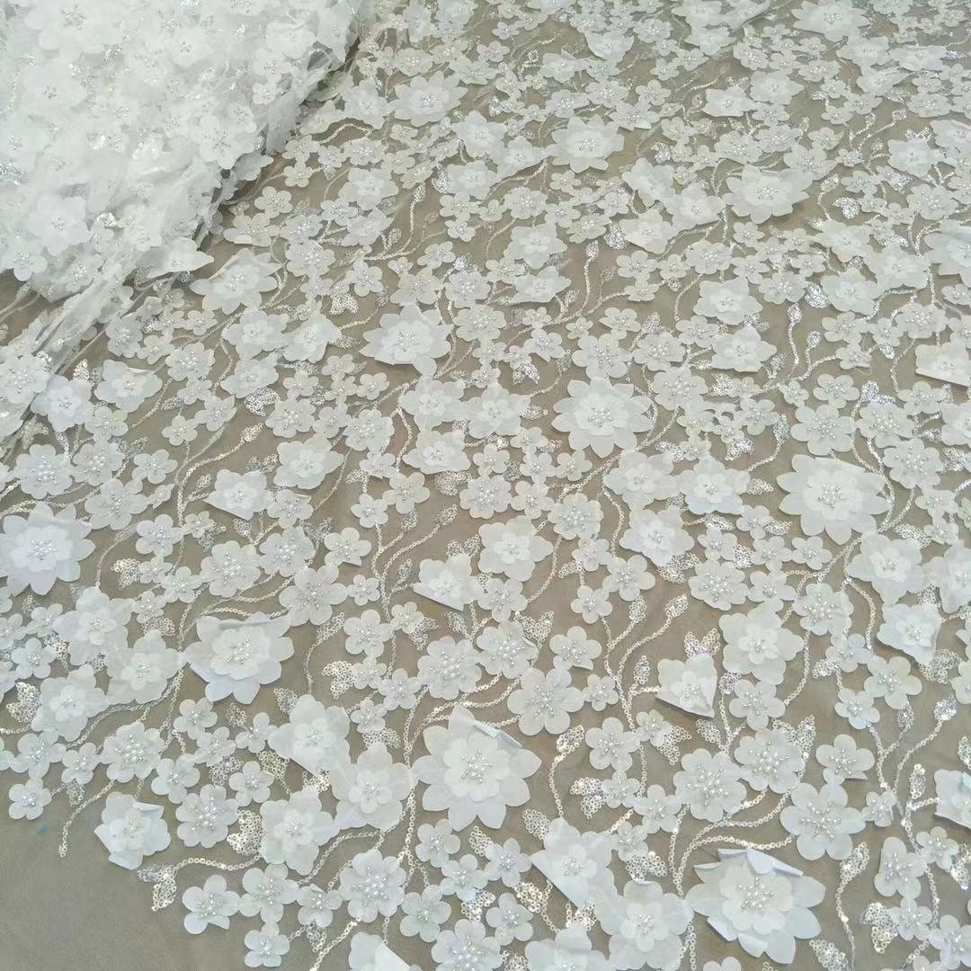 3D Embroidery Flower Lace Fabric, Ivory Sequin Beaded Pearl Lace ...