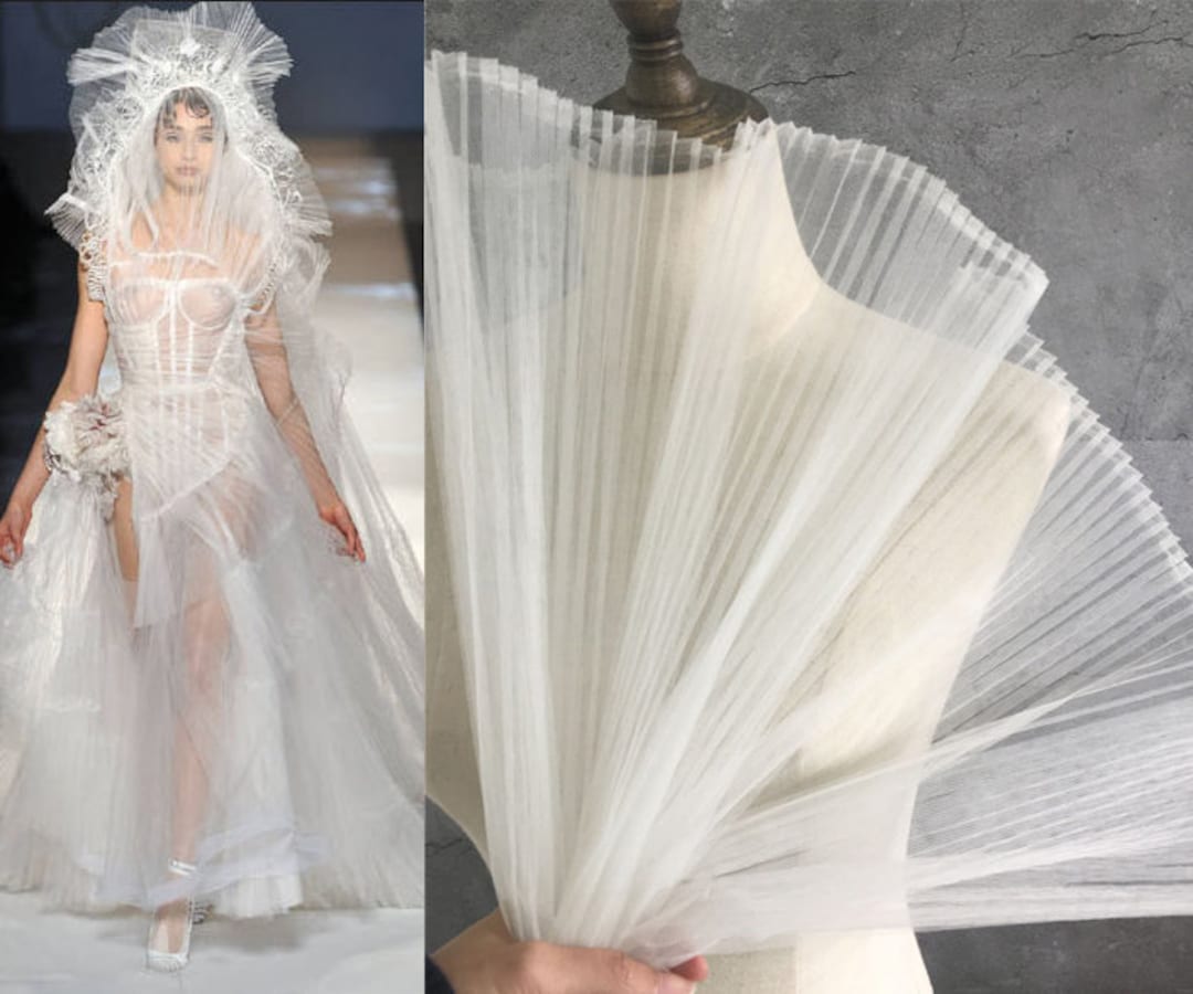 Hard White Pleated Tulle Fabric, Mesh Ruffled Pleats Panel Designer ...