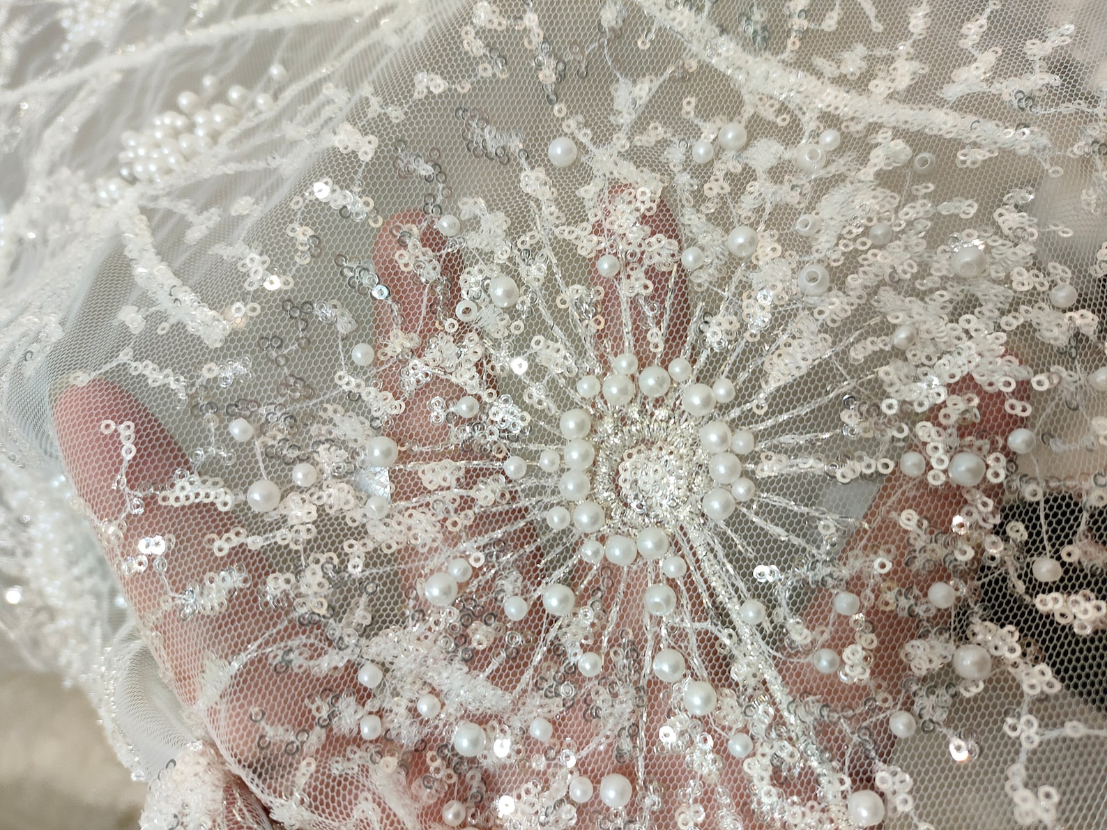 Ivory Dandelion Floral Embroidery Lace Fabric, Beaded Pearl Sequin Lace ...