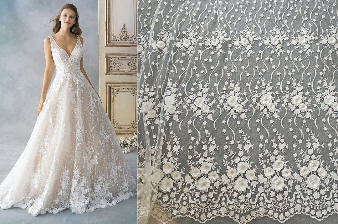 3D Embroidery Flower Lace Fabric, Bridal Ivory White Wedding Dress Lace ...