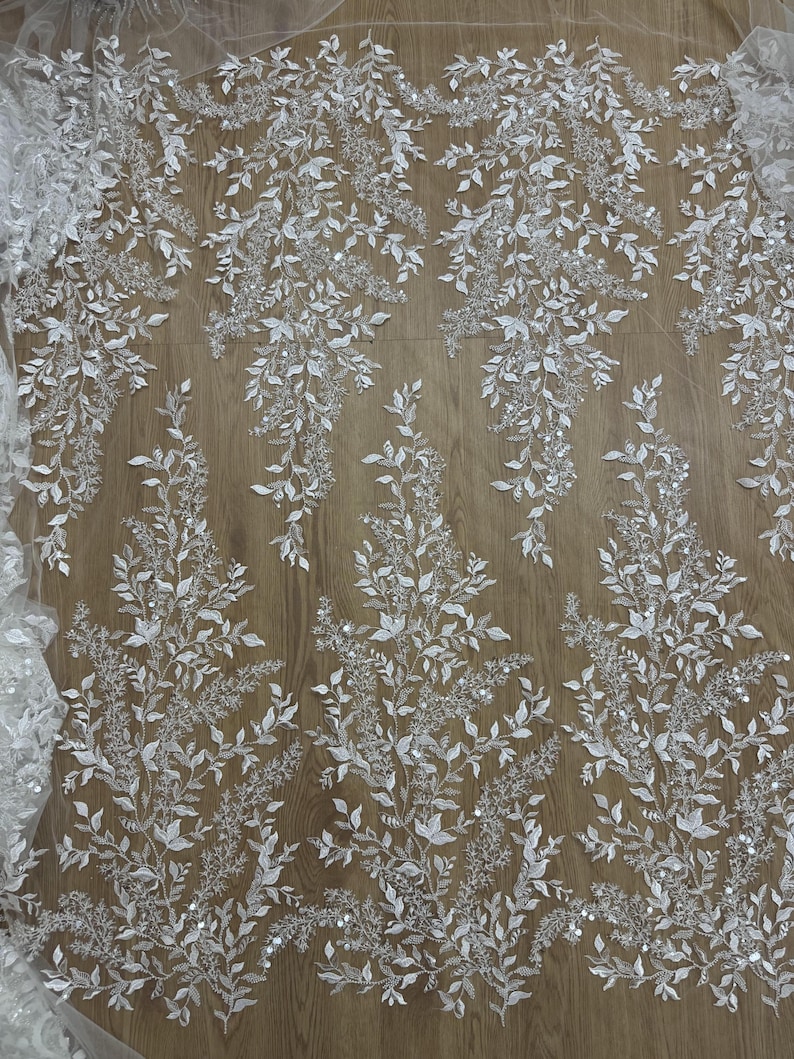 White Sequin Beaded Floral Leave Embroidery Lace Fabric, Luxury Lace ...