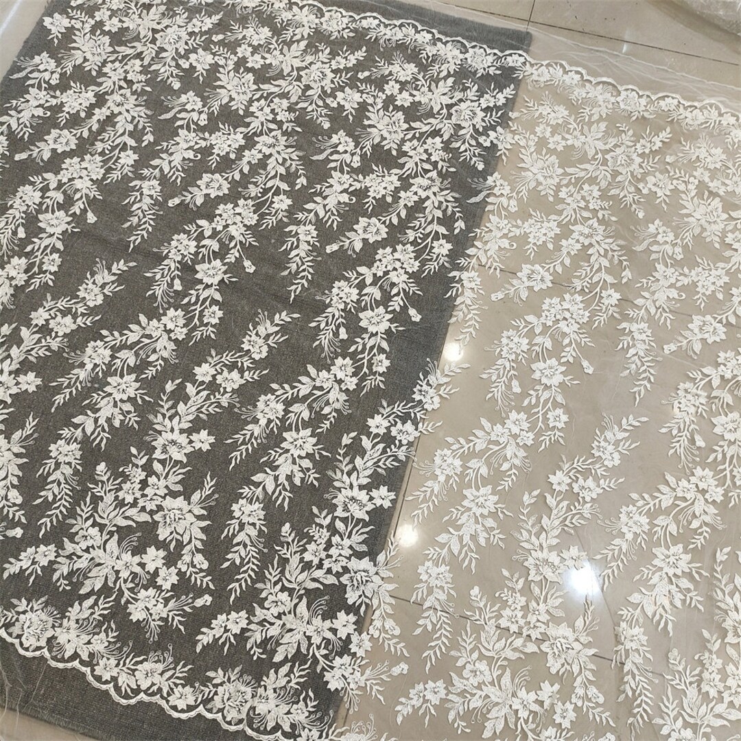 Ivory Sequin Flower Lace Fabric, Floral Leaves Lace Material for Bridal ...