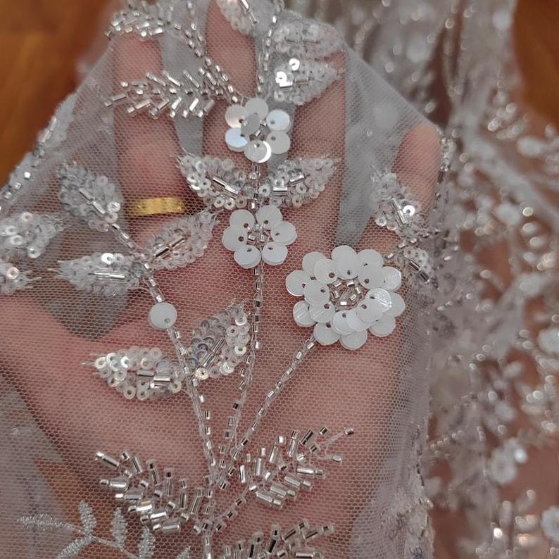 White Silver Heavy Sequin Beaded Lace Fabric, Couture Bridal Lace ...