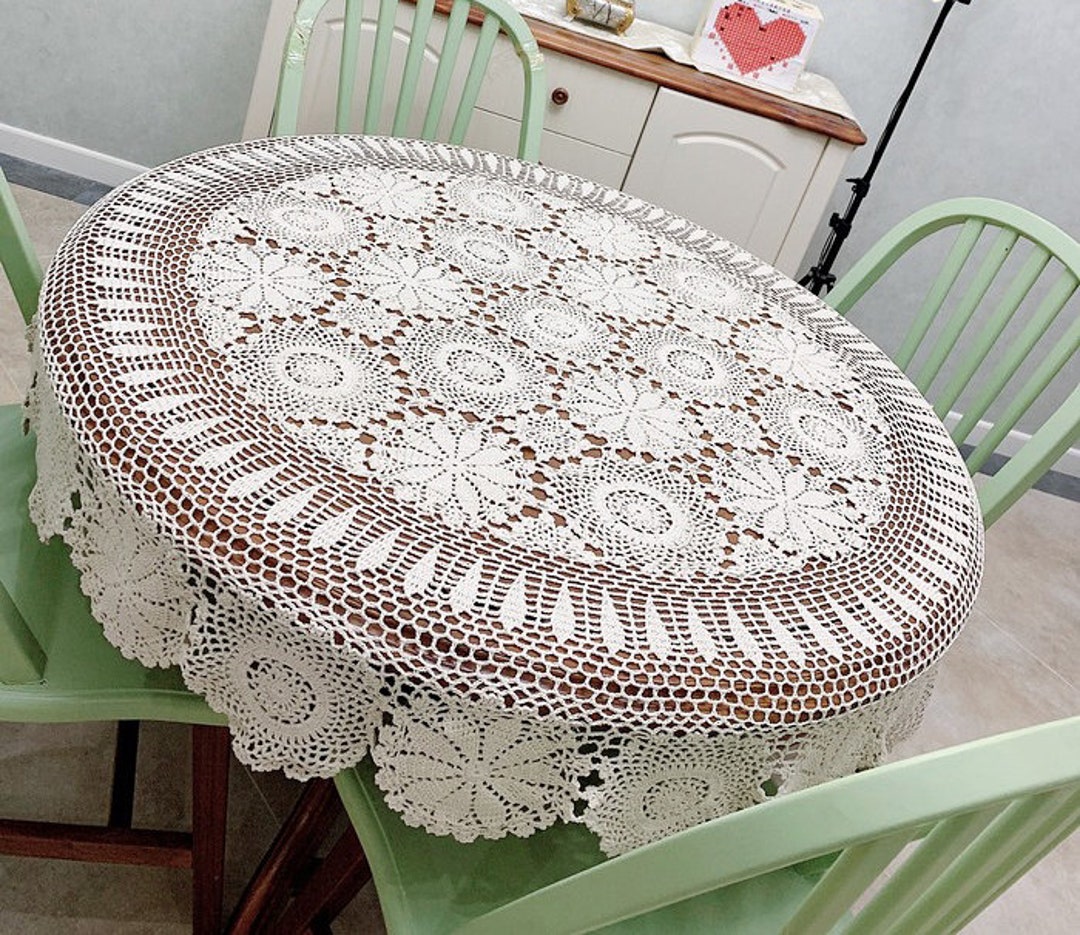Custom Flower Lace Tablecloth, Handmade Crochet Round Floral Table ...