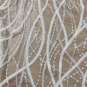 White Ivory Sequin Beaded Lace Fabric, Wave Stripe Lace Bridal Wedding ...