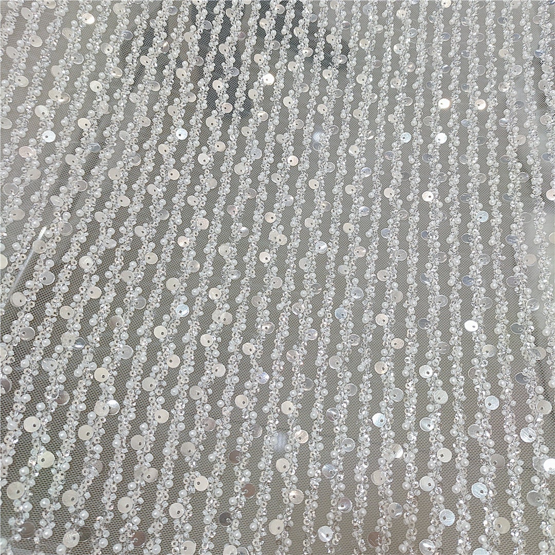 White Line Heavy Sequin Beaded Lace Fabric, Stripe Crystal Lace Bridal ...