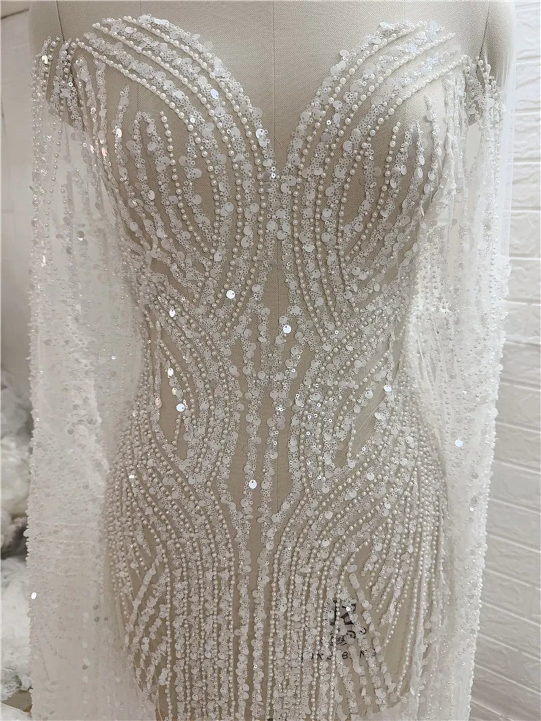 White Ivory Heavy Sequin Pearl Beaded Lace Fabric, Lace for Bridal ...