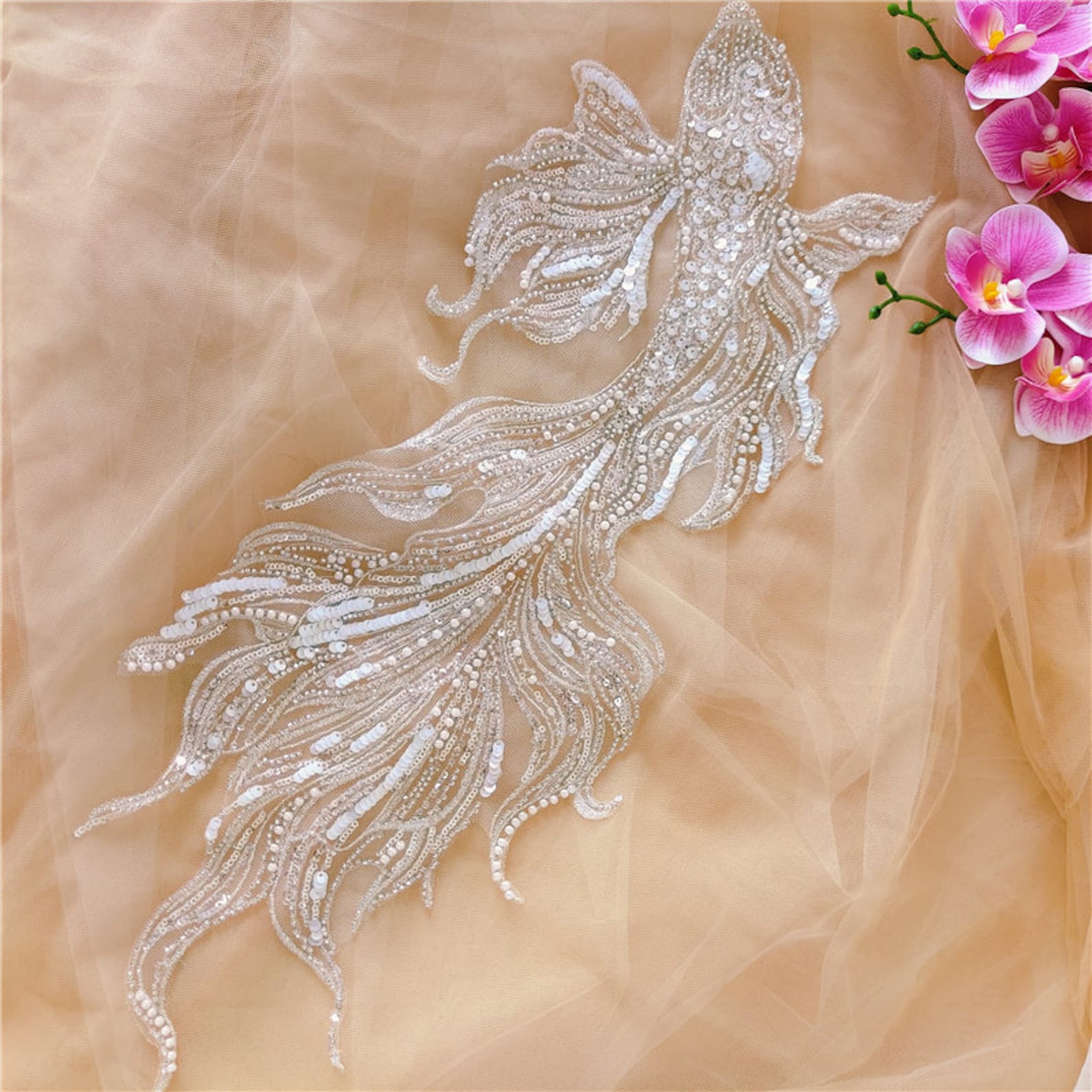 3D White Embroidery Flower Fish Lace Fabric Crystal Beaded - Etsy