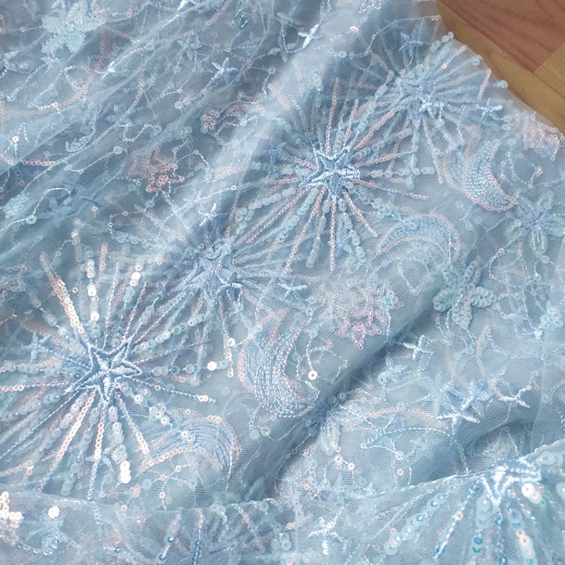 Star Celestial Embroidery Fabric, Soft Light Blue Tulle, Bridal Prom ...