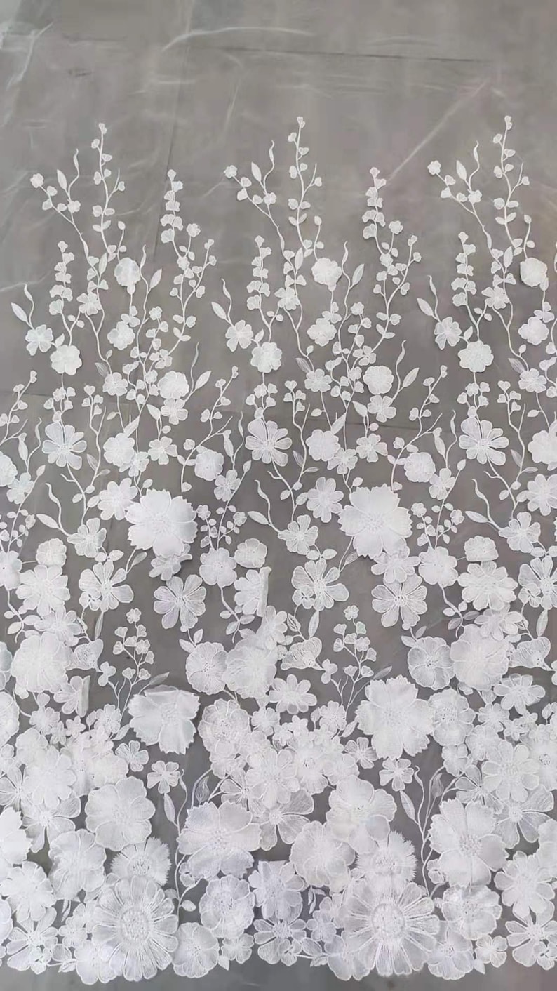 3D Embroidery Flower Lace Fabric, Ivory White Wedding Dress Lace Fabric ...