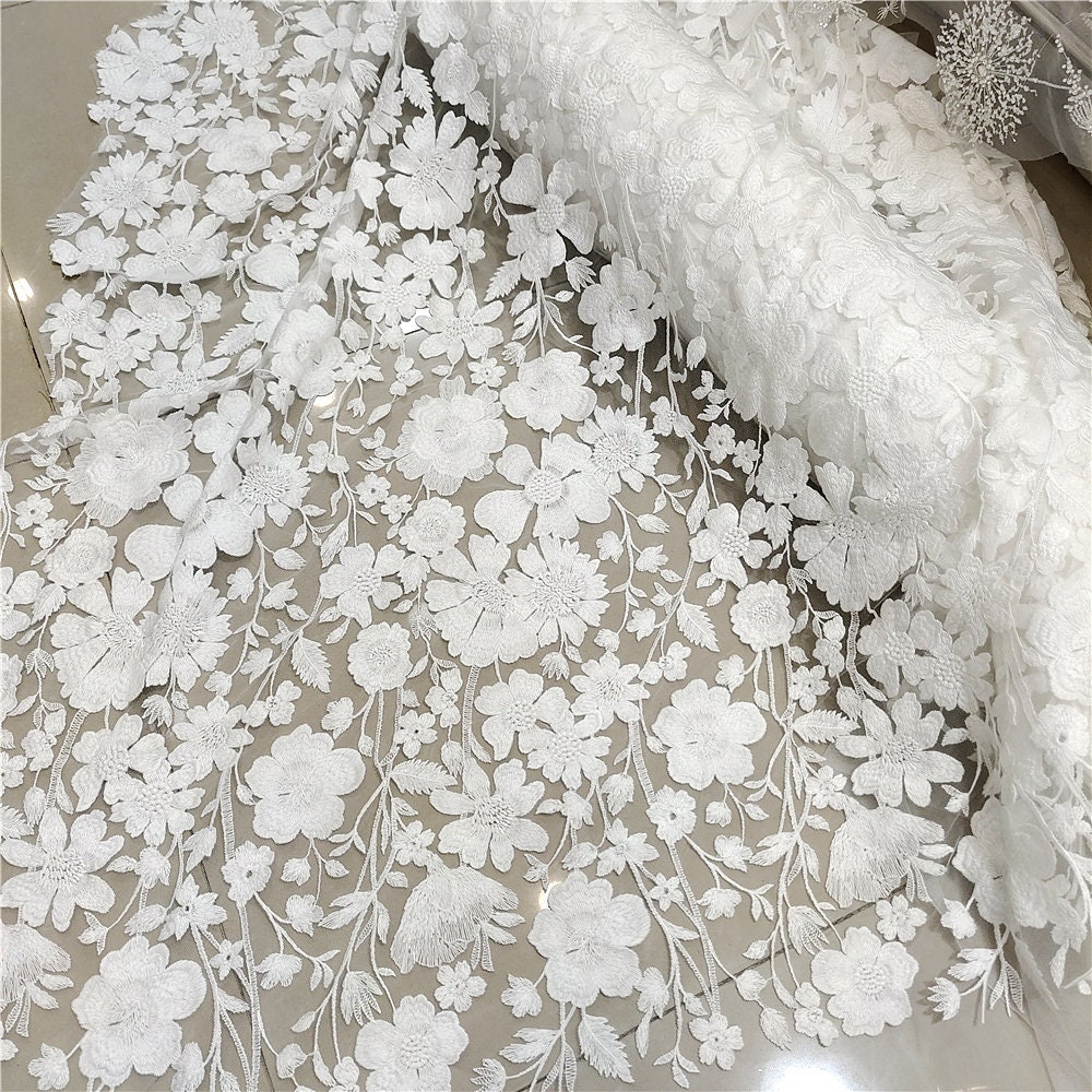 Cotton White Embroidery Flower Lace Fabric, Milla Nova Bridal Daisy ...