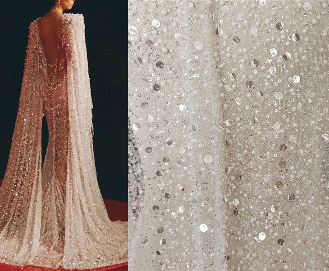 3D Beaded Lace Fabric, White Ivory Heavy Sequin Bead Lace for Bridal ...