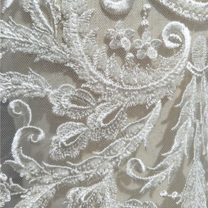 White 3D Embroidery Flower Lace Fabric, Beaded Sequin Floral Applique ...
