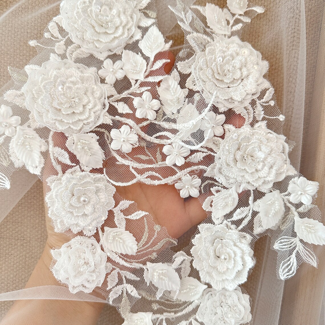 White 3D Embroidery Flower Lace Fabric, Beaded Sequin Applique Piece ...