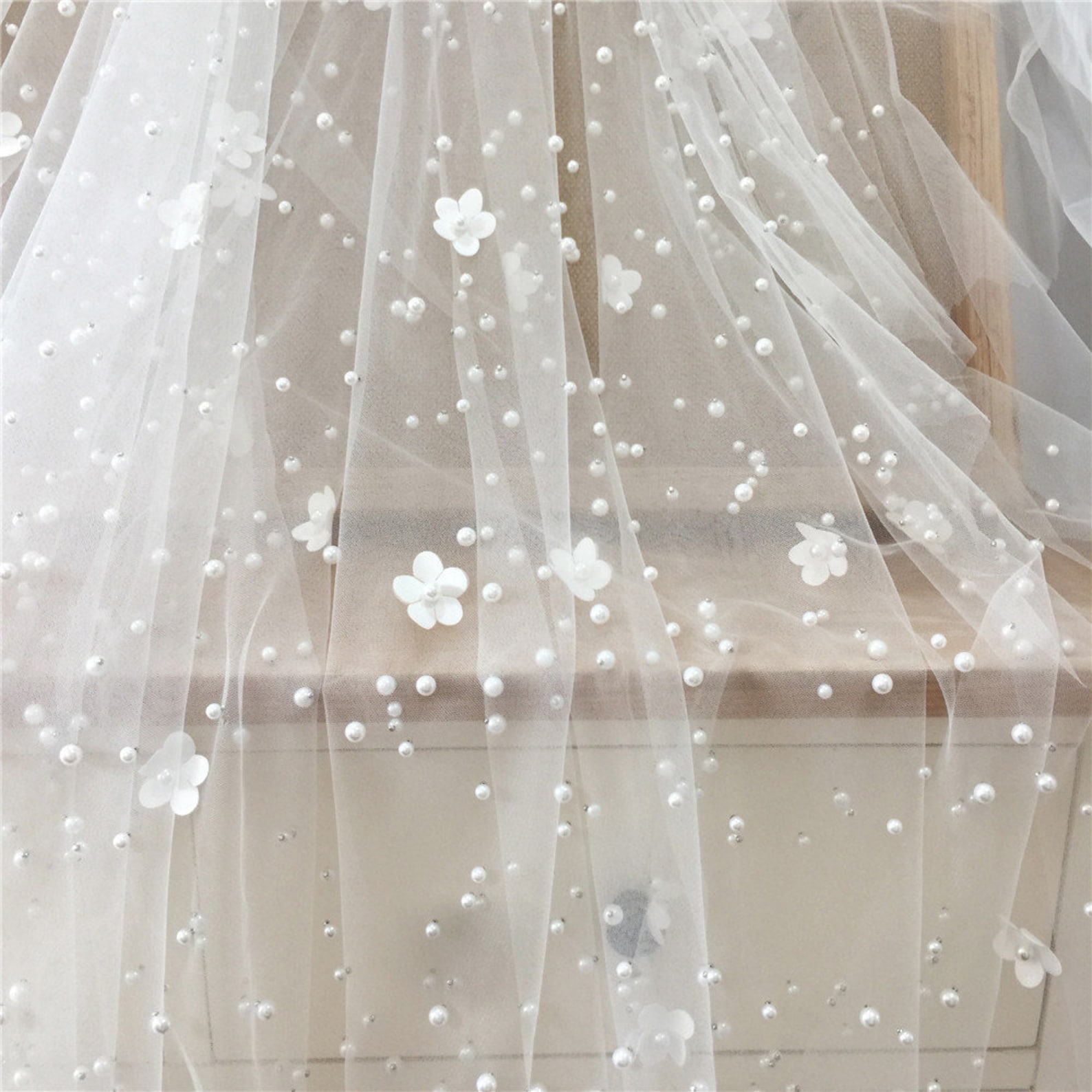 3D Flower Pearl Ivory Fabric Tulle Bridal Bridesmaid Wedding - Etsy
