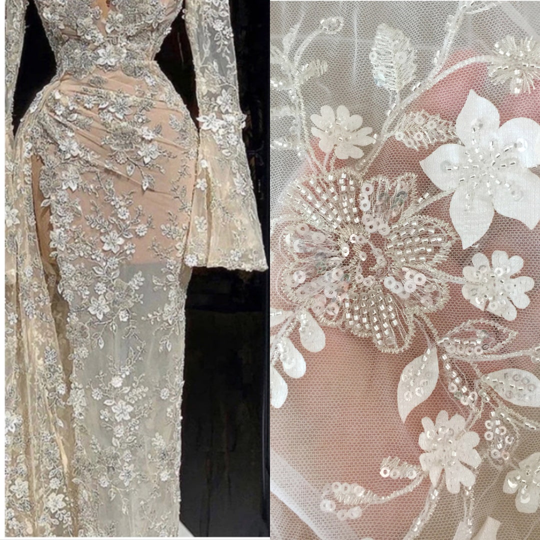 3D Ivory Sequin Beaded Flower Lace Fabric, Quipure Rayon Mesh Lace ...